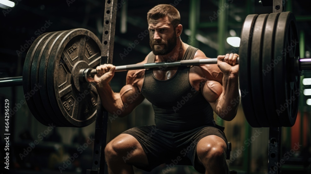 Powerlifter with huge arms and huge legs in the gym. Fictional ...