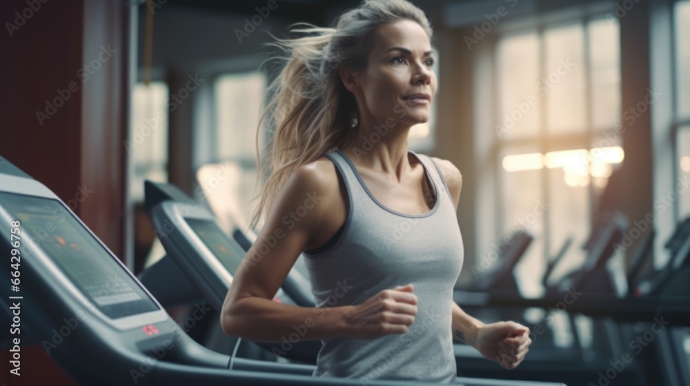 Female Fitness Enthusiast Running on a Treadmill in the Gym. Fictional ...