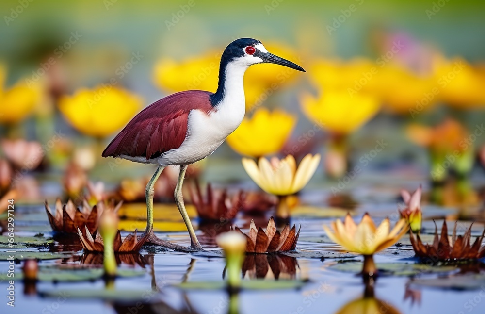 Colorful African wader with long toes next to violet water lily in ...