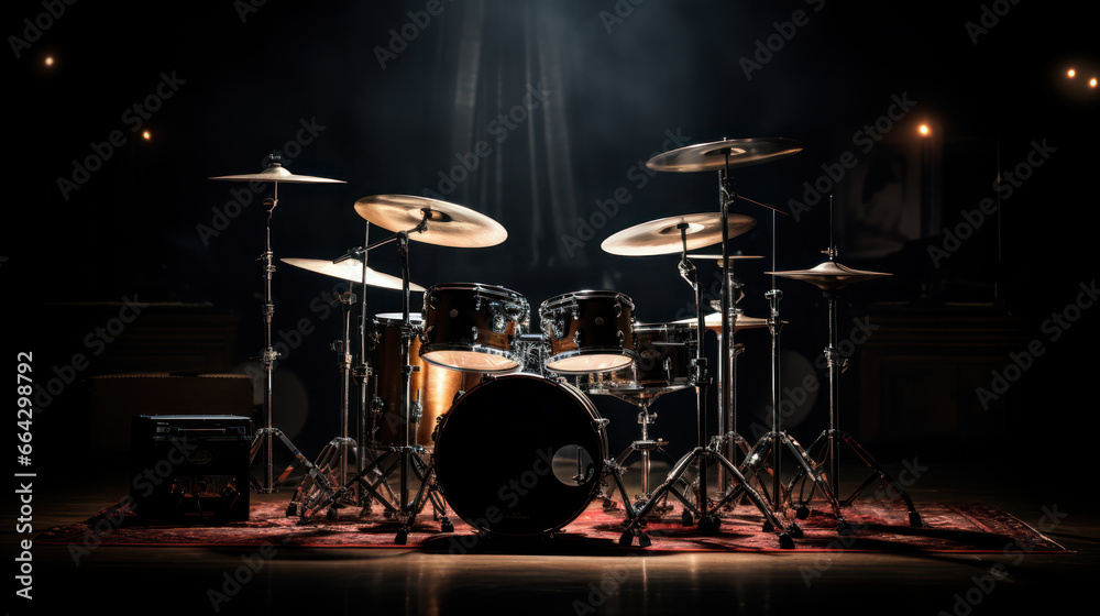 Drum set stands center stage in a dimly lit room, the spotlight casting ...