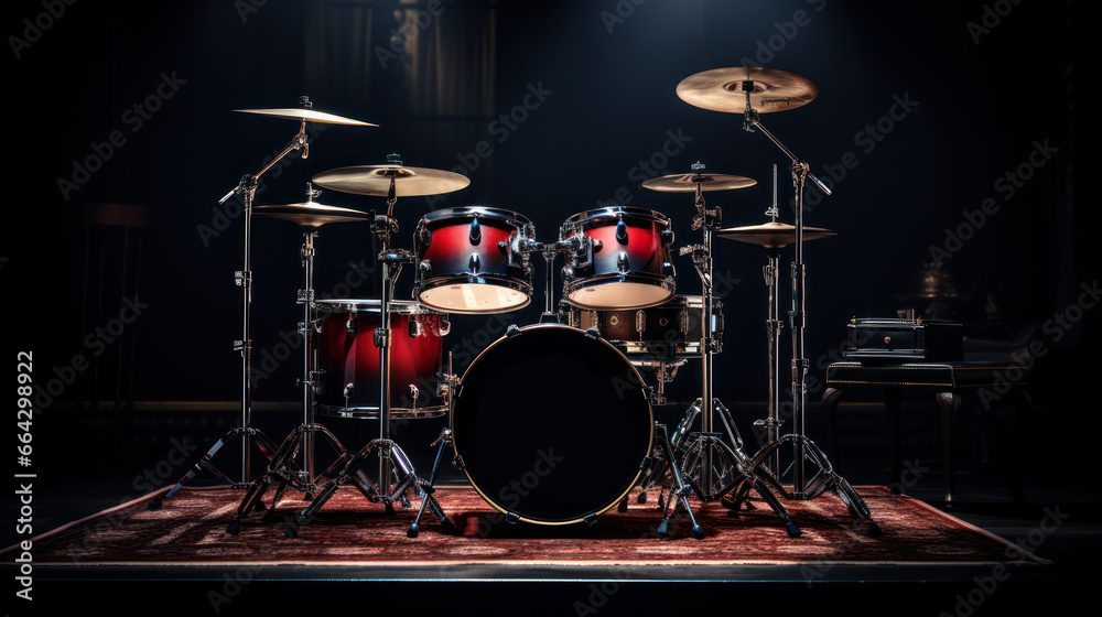 Drum set stands center stage in a dimly lit room, the spotlight casting ...