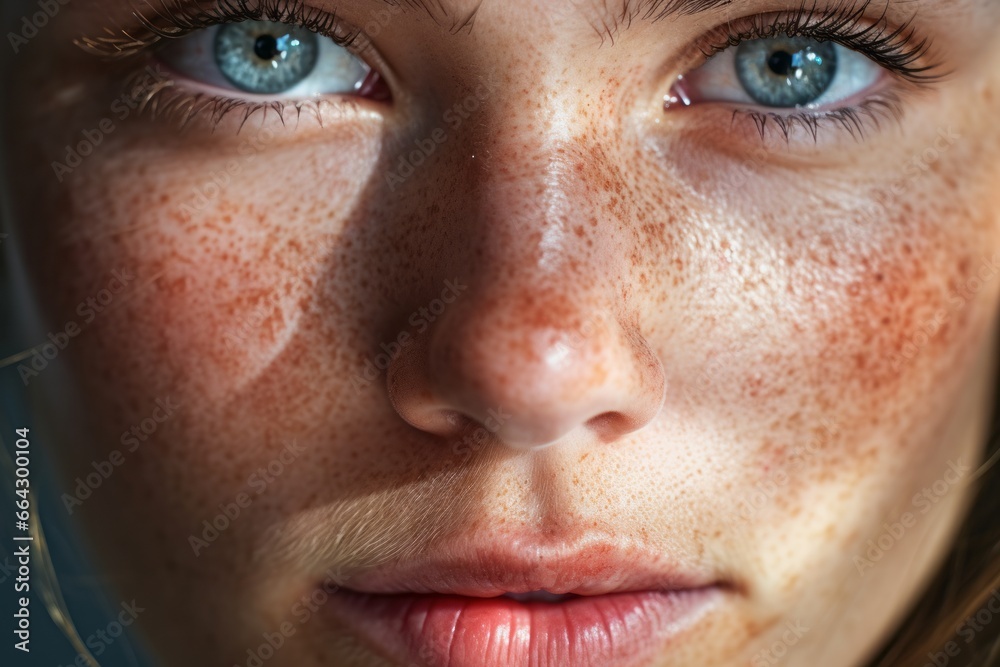 a macro close-up portrait of a face of a young white caucasian woman ...