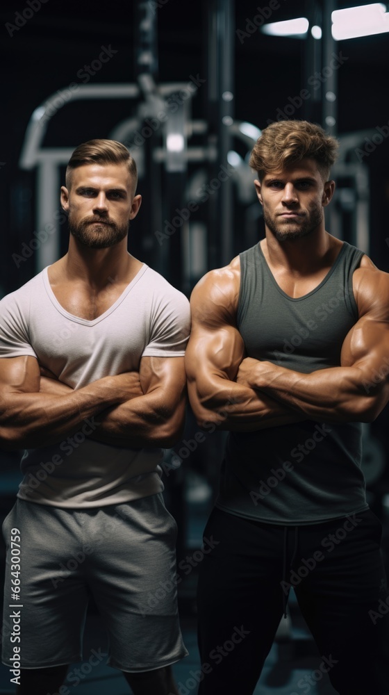 Two muscular men in the gym, flexing their muscles and posing for a photo.. Fictional characters ...