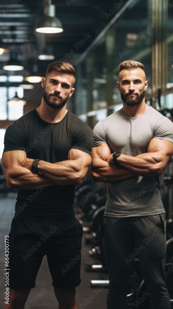 Two Muscular Men Posing in a Gym. Fictional characters created by ...
