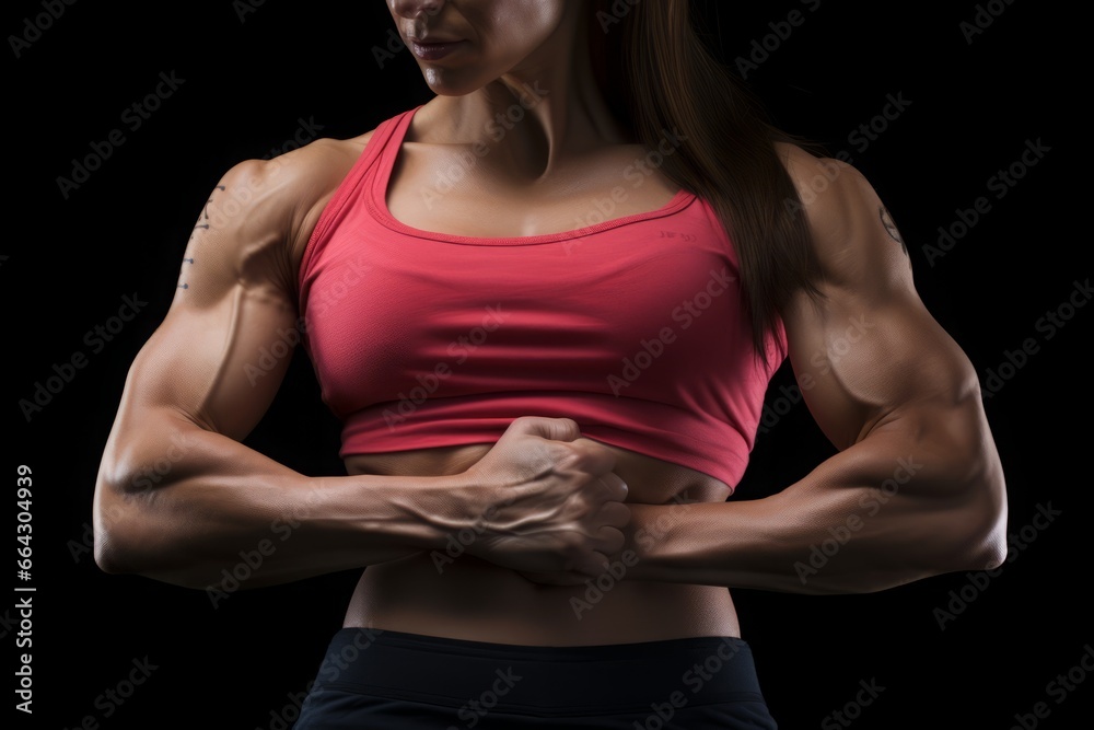 a strong sporty muscular female athlete bodybuilder in sport top posing ...