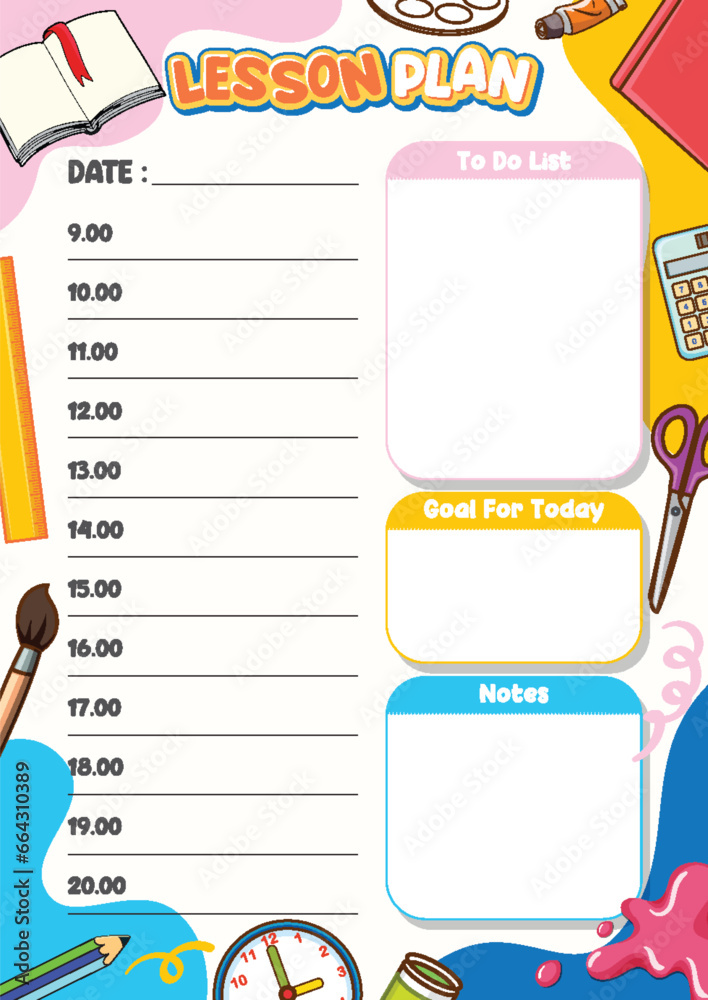 Printable Daily Lesson Plan Template with Time Divisions Stock Vector ...