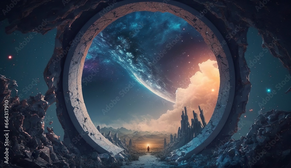 Portal to another world. Futuristic cosmic landscape with circle tunnel ...