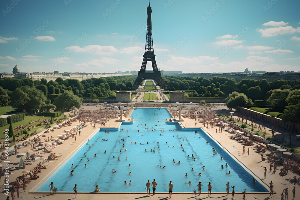 A fictional Olympic swimming pool with the Eiffel Tower in the ...