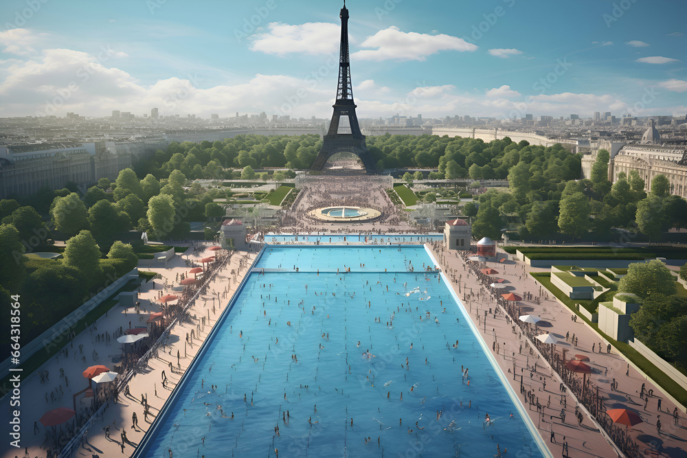 A fictional Olympic swimming pool with the Eiffel Tower in the ...