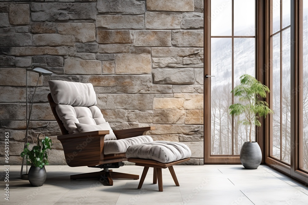 Recliner chair against window near white and stone cladding wall ...