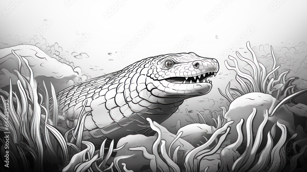 Moray eel or sea monster coloring book page at underwater scene in line ...