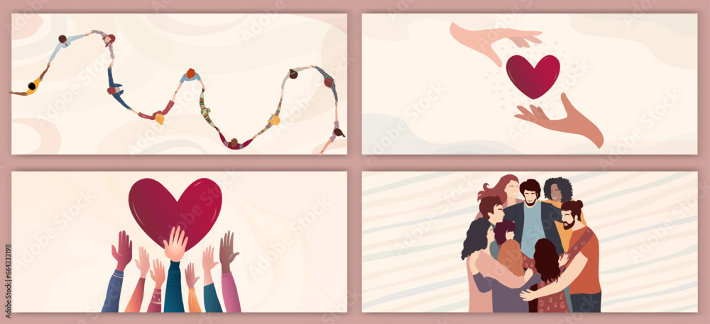 Volunteer people group concept banner poster editable template.Raised ...