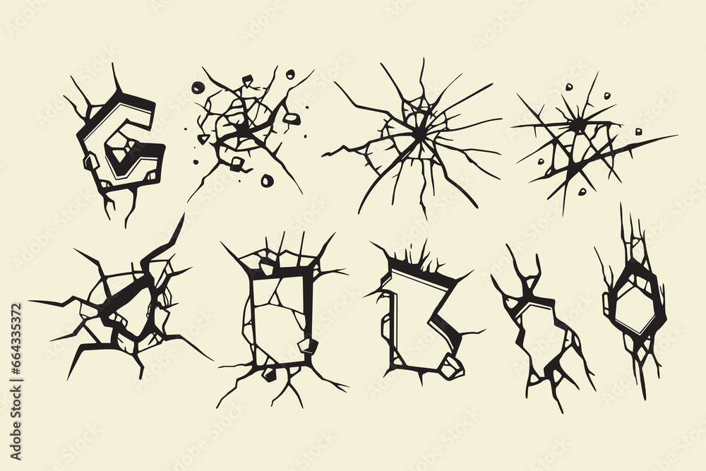 Isolated split and damage fracture illustration set. Hand drawn cracked ...