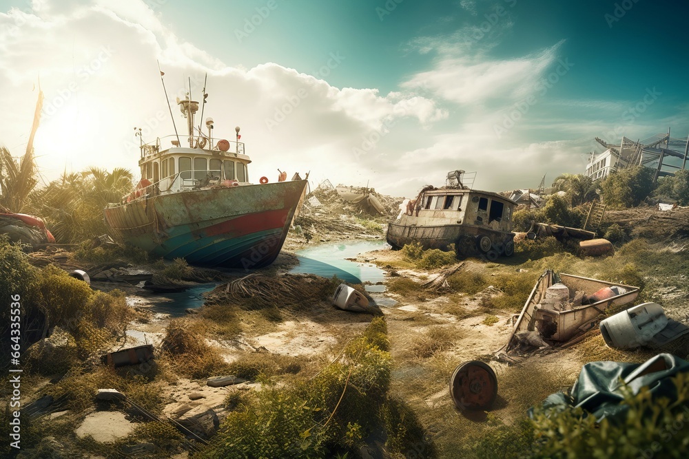 Ecological disaster scene. Industrial pollution and nature dangerous ...