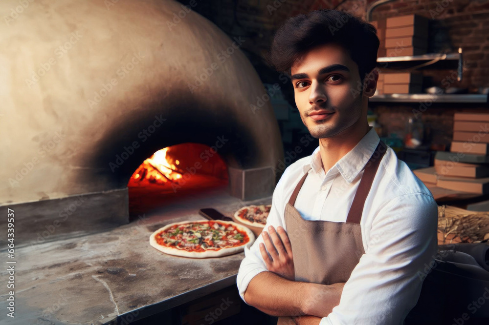 pizzaiolo en train de préparer une pizza devant son four à bois dans sa ...