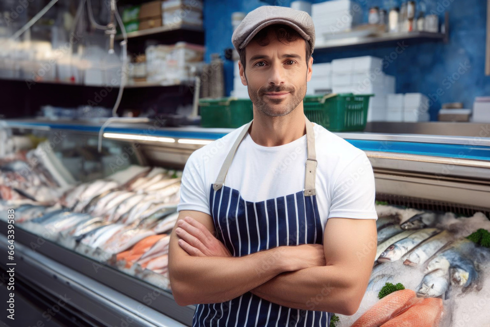 poissonnier pose fièrement devant son étale de poissons et crustacés ...