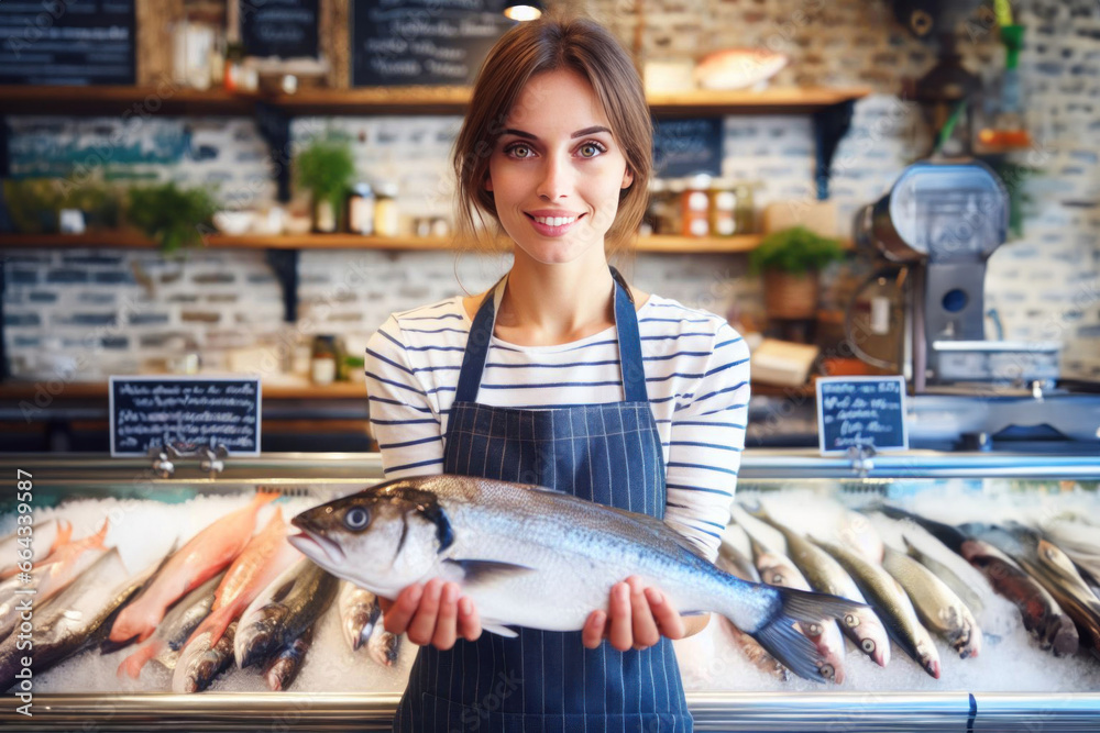 poissonnière pose fièrement devant son étale de poissons et crustacés ...