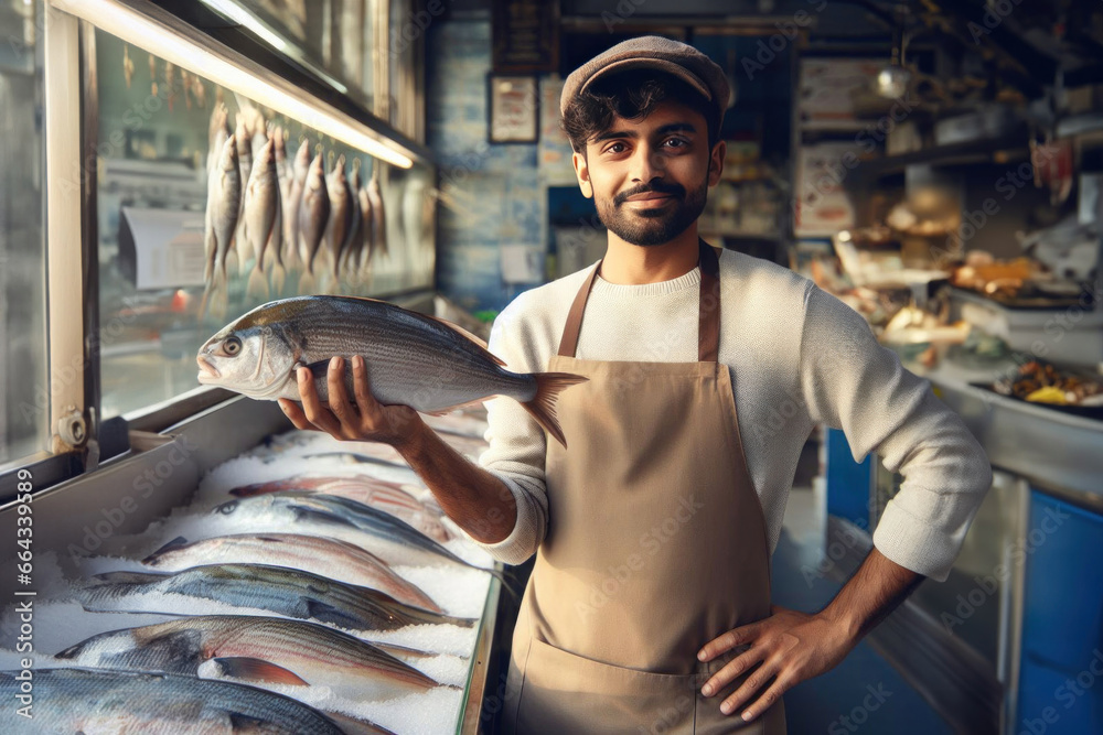 poissonnière pose fièrement devant son étale de poissons et crustacés ...