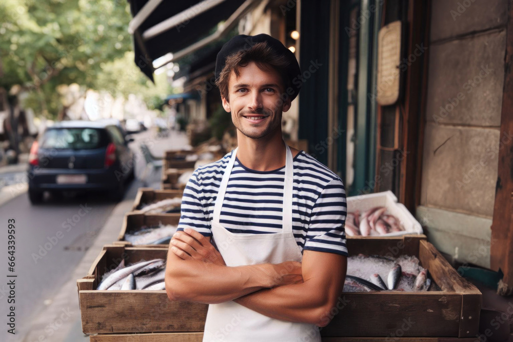 poissonnier pose fièrement devant son étale de poissons et crustacés ...