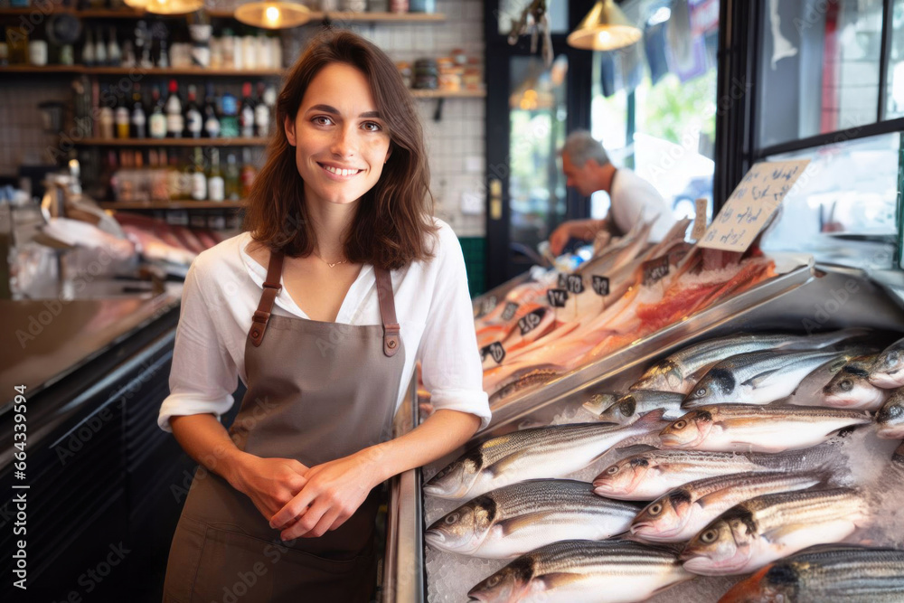 poissonnière pose fièrement devant son étale de poissons et crustacés ...