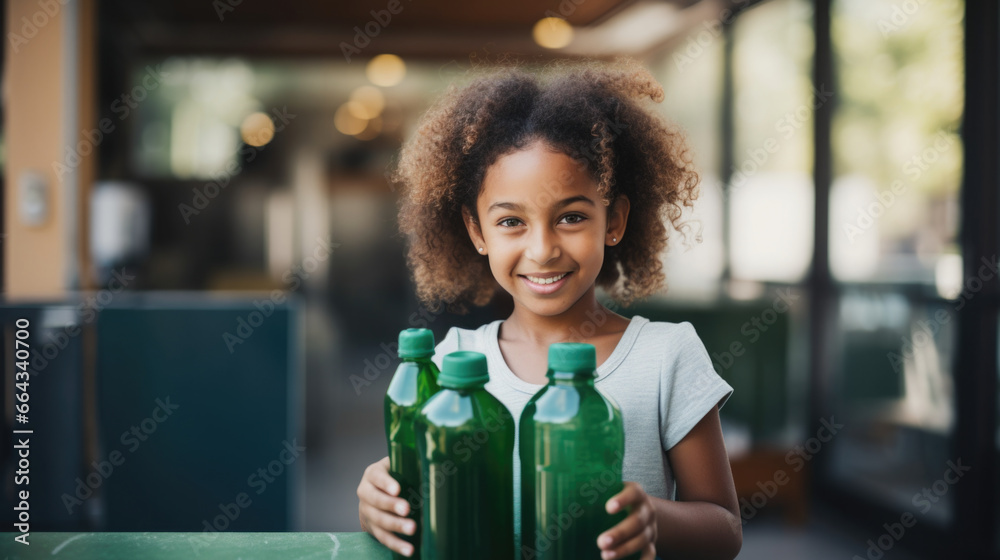 portrait of a young girl holding plastic bottle recycling concept ...