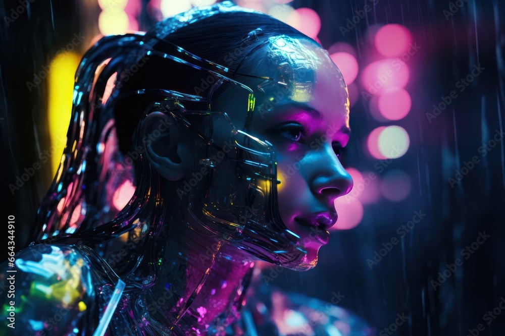 Beautiful female android robot in the city with blue neon light bokeh ...