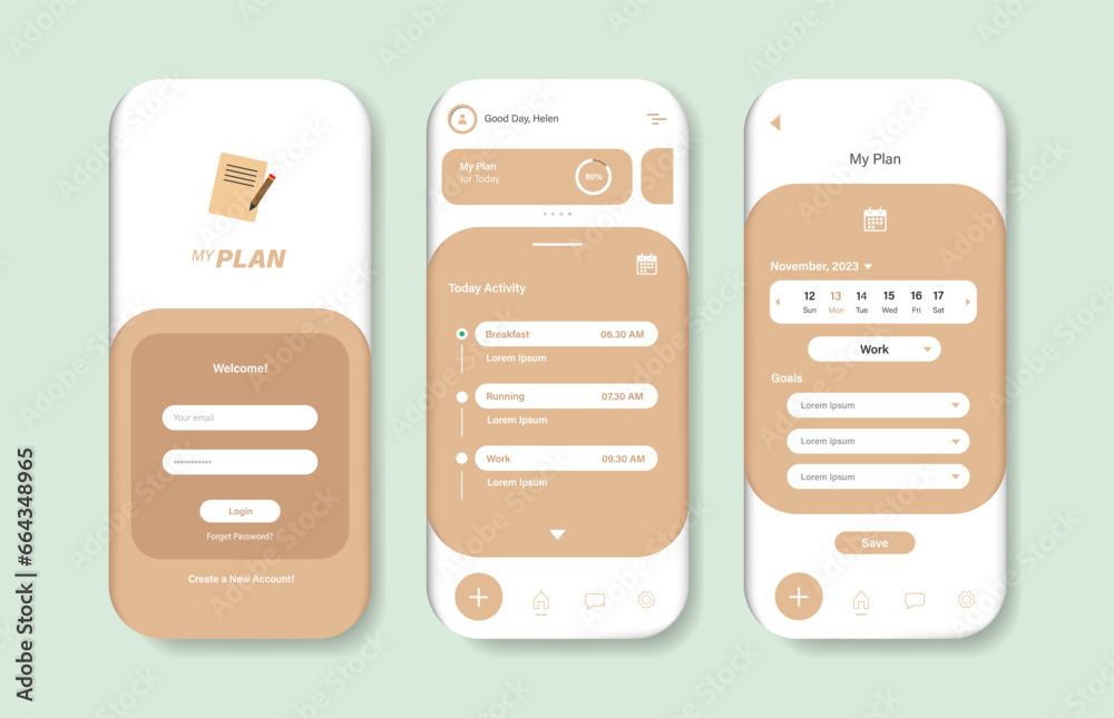 Activity management app interface. Graphical user interface for ...