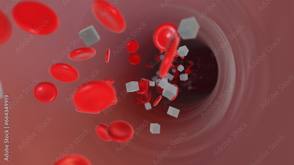 Red blood cells and diabetic cubes flowing through the artery Stock ...
