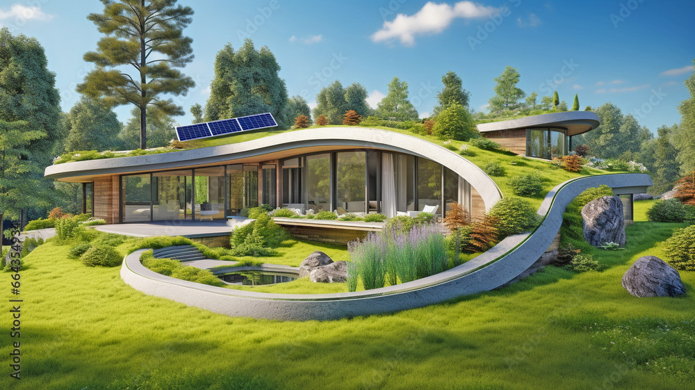 Sustainable modern luxury earth-sheltered home with solar panels and ...