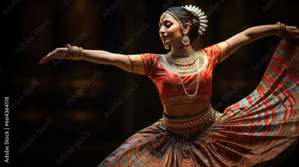 Spirited Indian Kathak dancer in intricate costume performing with ...