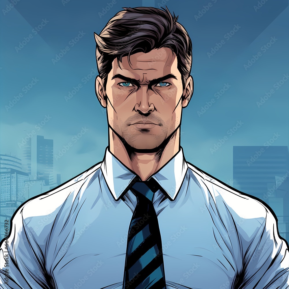Blue collar man in blue tie facing towards camera in comic style. Blue ...