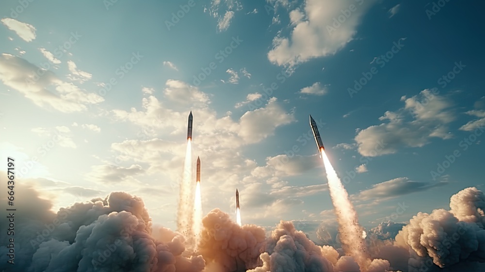 a military missile in flight against the sky. warhead or atomic bomb ...