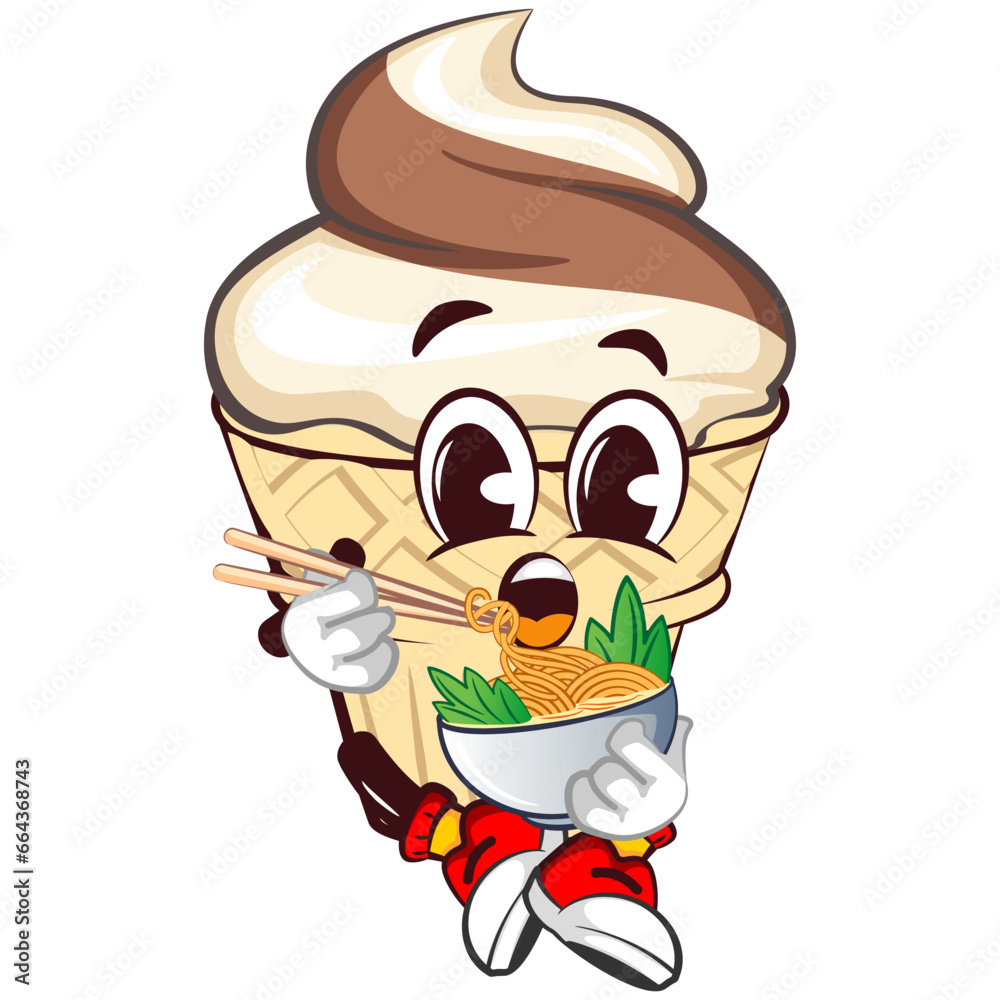 mascot character of an ice cream cone with a funny face eating a bowl ...