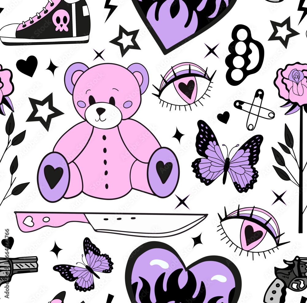 Y2k emo girl glamour pink seamless pattern. Backgrounds in trendy 2000s ...