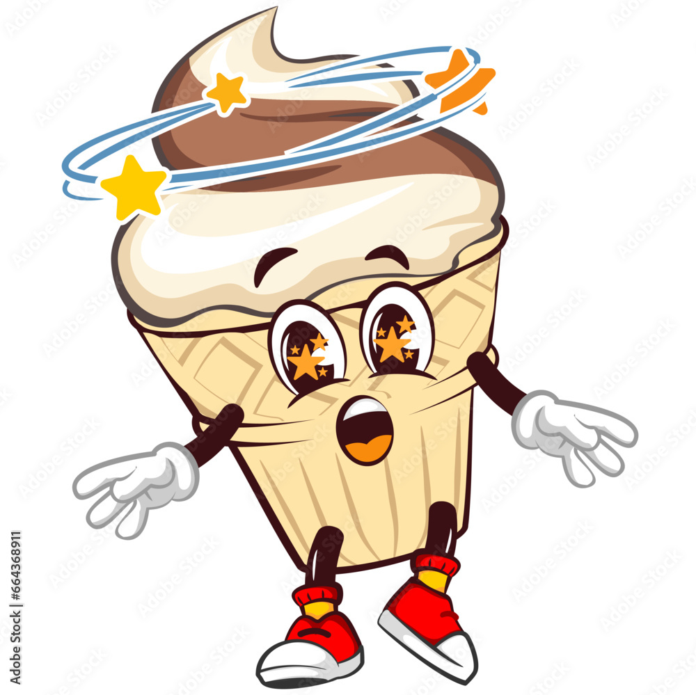 character mascot of ice cream cone with funny drunk and dizzy face ...