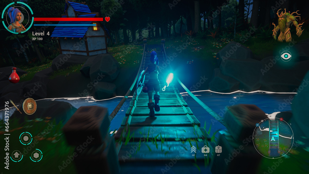 Night Video Game Mock-up: Playable Character in Videogame. 3D Fantasy ...