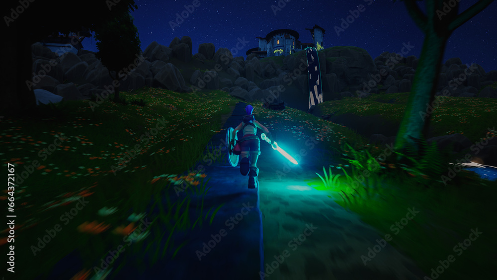 Night Video Game Mock-up Without Overlay: Playable Character in 3D ...
