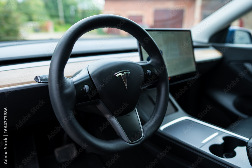 Tesla interior view of dashboard with wooden inlays, modern steering ...