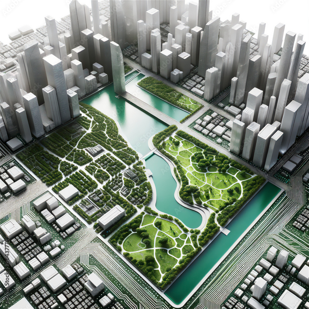 Render of an urban layout that merges with the design of a computer ...