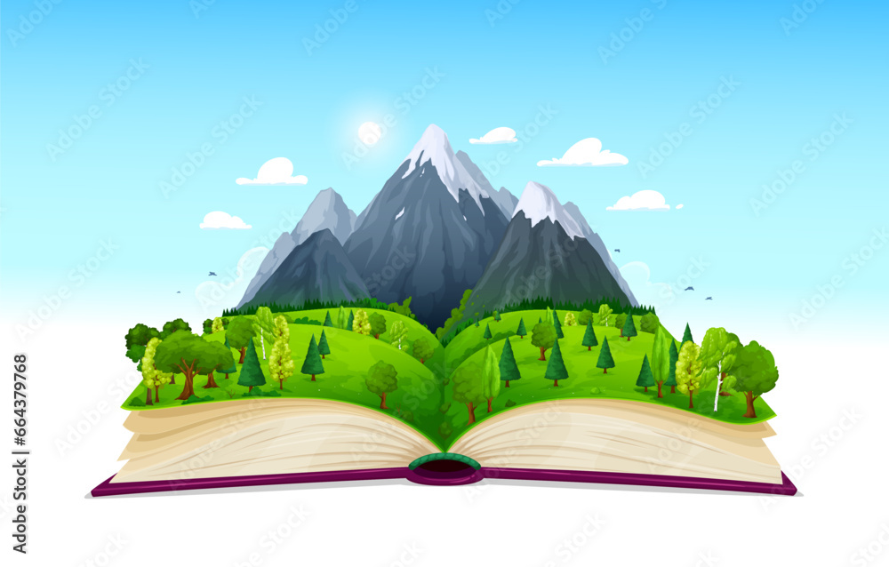 Open nature book with mountains and forest landscape. Vector scene ...