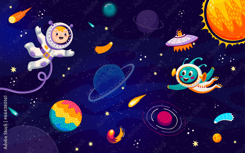 Cartoon kid astronaut and alien in outer space. Starry galaxy landscape ...