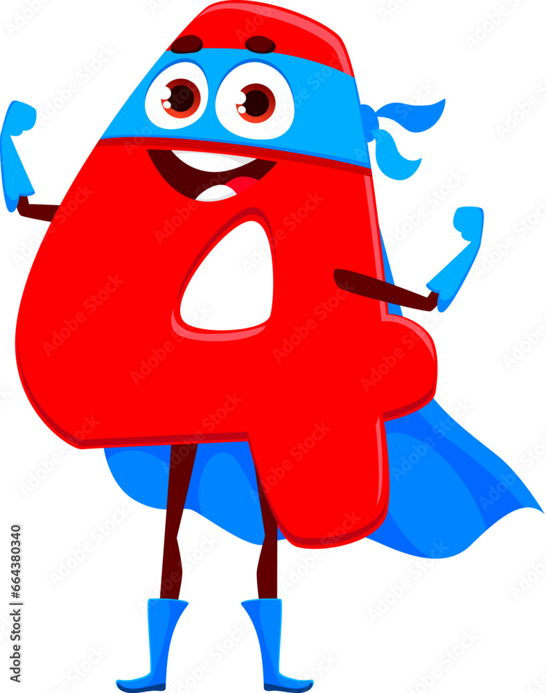 Cartoon math number four superhero character. Isolated vector playful ...