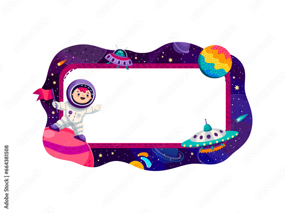 Border frame with space planets, stars, spaceship and astronaut at ...