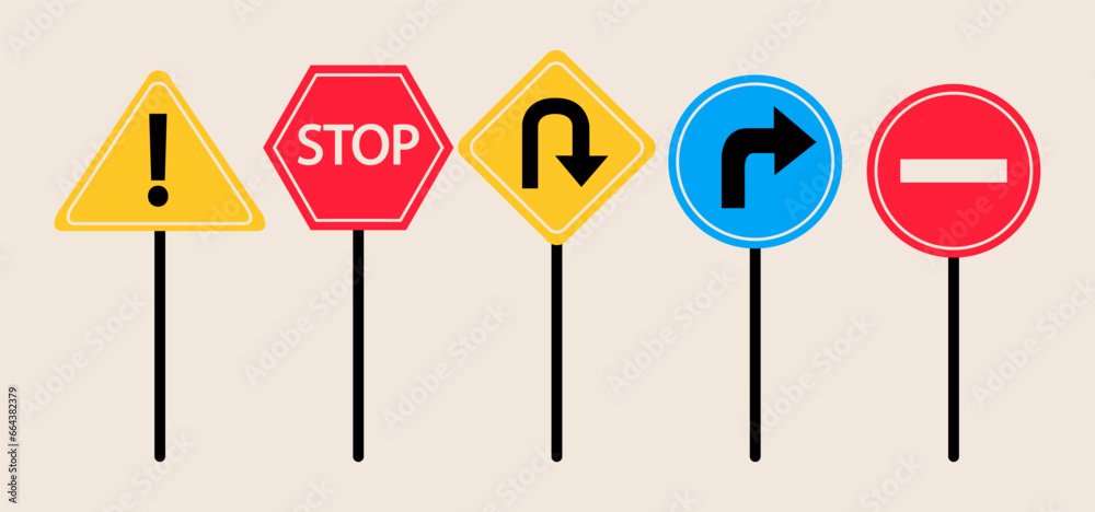 Traffic road signs such as stop, u turn, turn right, caution, and no ...
