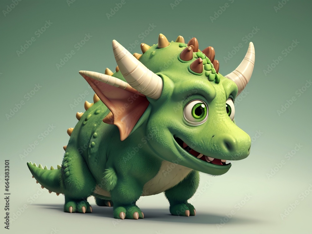 Cute and funny green furry prehistoric monster on a green background ...