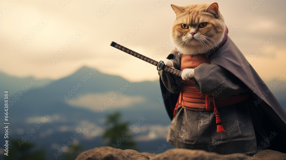 funny fat cat wearing samurai uniforms, blur Fuji montain, japan ...