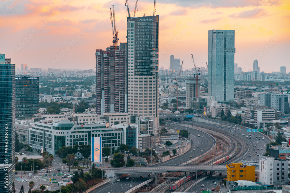 erial view of the buildings and surroundings around the Ayalon Highway ...