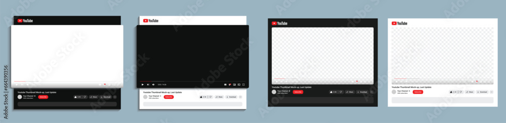 Youtube video template mockup. Youtube app interface blank video screen frame. channel video ...