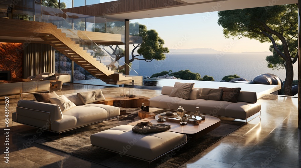 Luxurious villa with a terrace and a floor-to-ceiling panoramic window ...