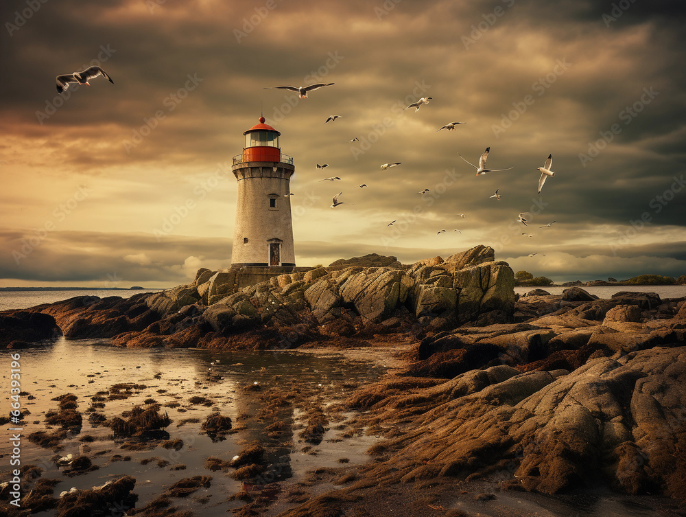 Vintage lighthouse on an isolated island, old - fashioned architecture ...